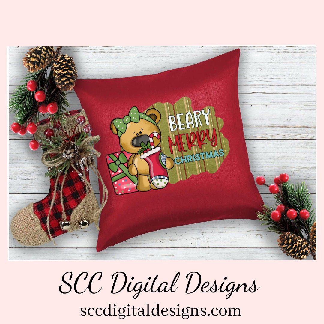 Beary Merry Christmas Sublimation Clipart, Whimsical Bear, Xmas Presen ...