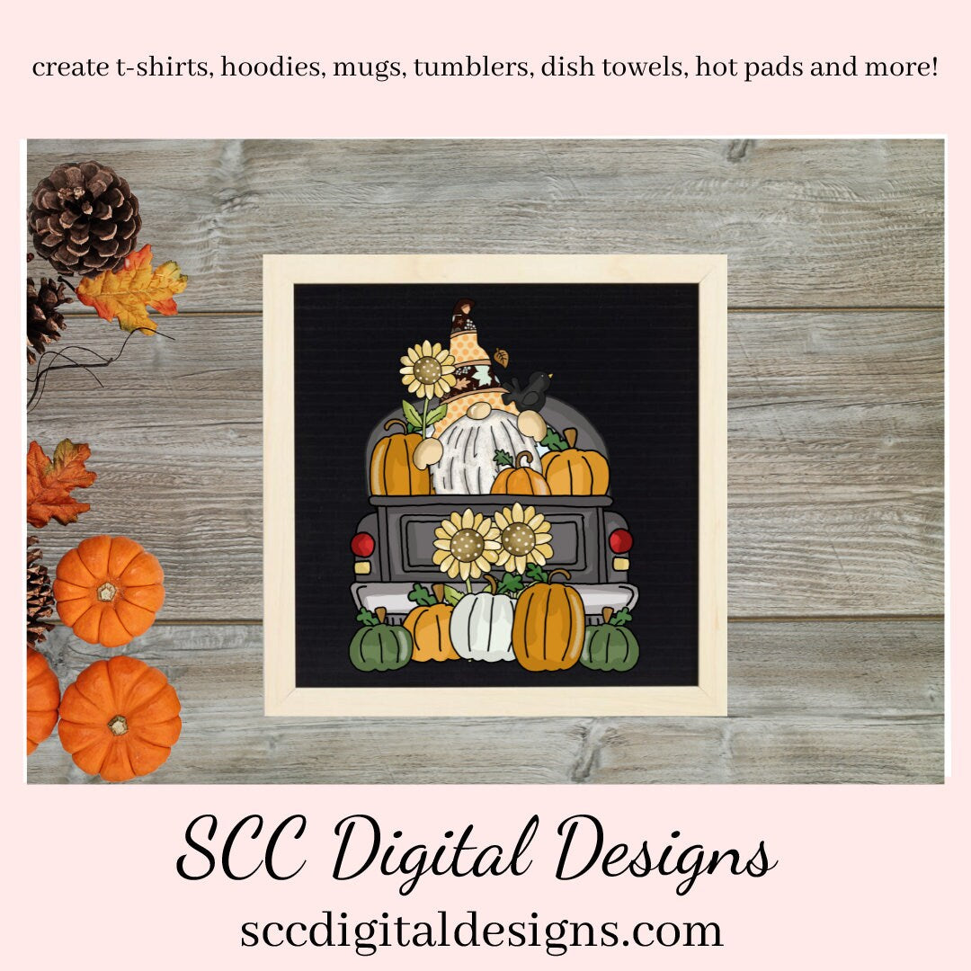 Fall Pumpkin Gnome Clipart, Vintage Blue Truck, Pumpkins, Sunflowers ...