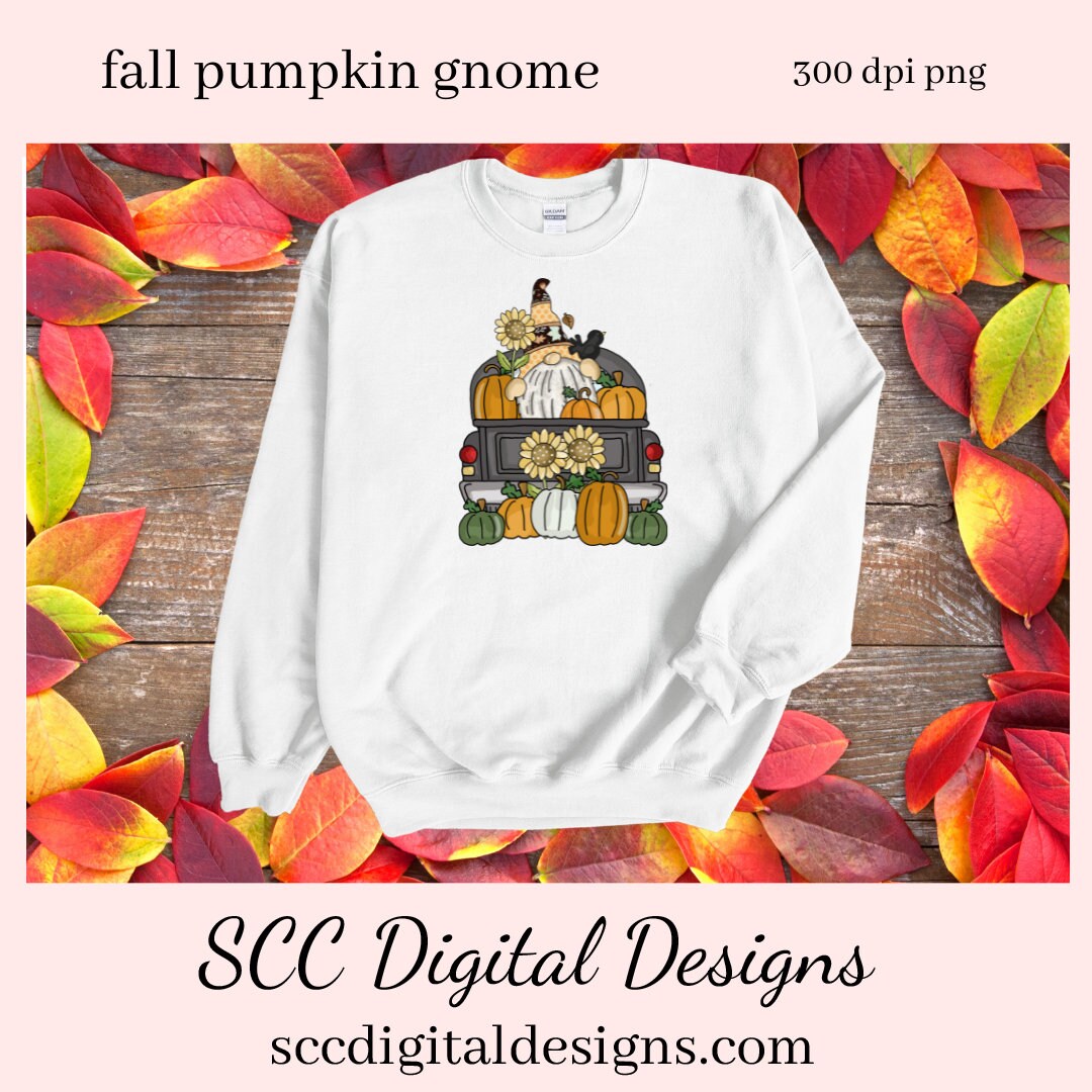 Fall Pumpkin Gnome Clipart, Vintage Blue Truck, Pumpkins, Sunflowers ...
