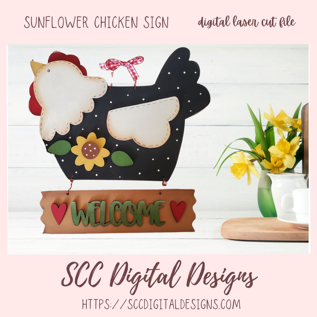 Sunflower Chicken Sign Laser SVG, 3D Layered Farmhouse Front Porch Wel ...