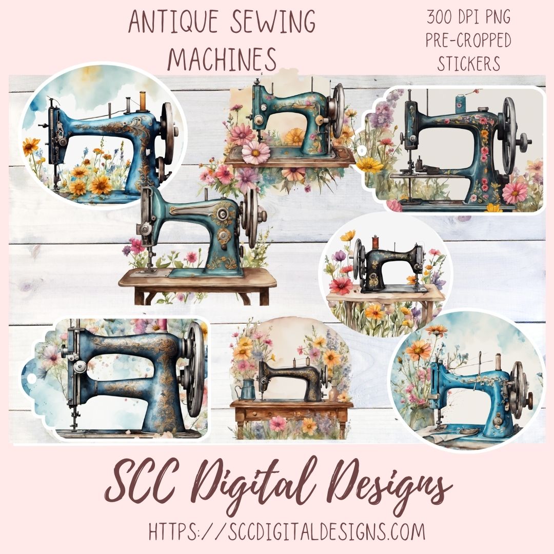 Sewing Machine PNG Digital Sticker Pack, Pre-Cropped Print and Cut Sti ...