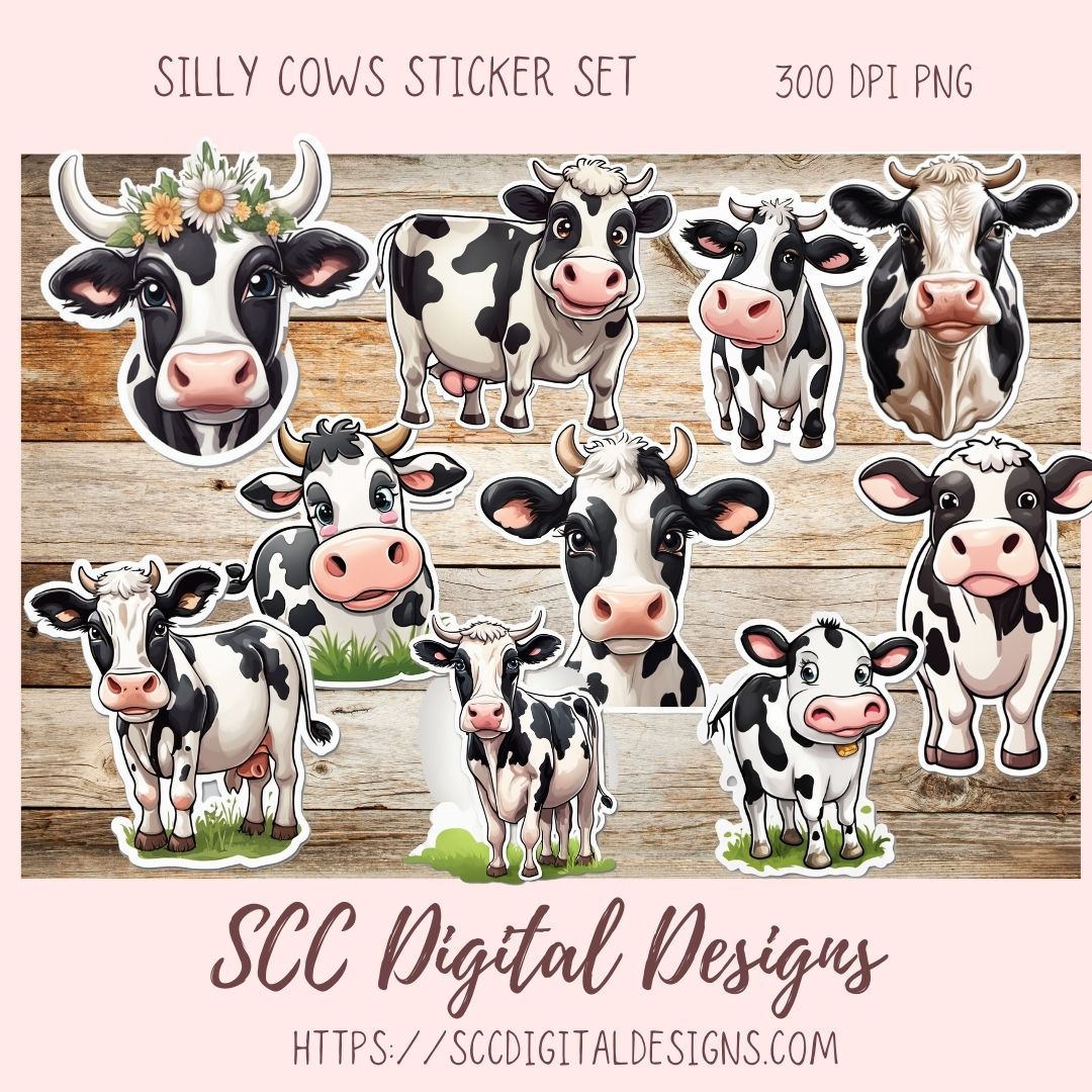 Silly Cow PNG Sticker Set, Digital Pre-Cropped Sticker, Printable Plan ...