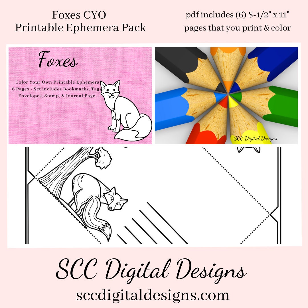 Fox Coloring Pages, Color Your Own Art, Printable Ephemera Set, Tag, E ...